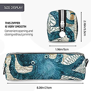 Ykklima Leather Pencil Case - Blue Octopus Nautical Map Pattern, Stationery Bag Pen Organizer Makeup Cosmetic Holder Pouch for School Work Office College