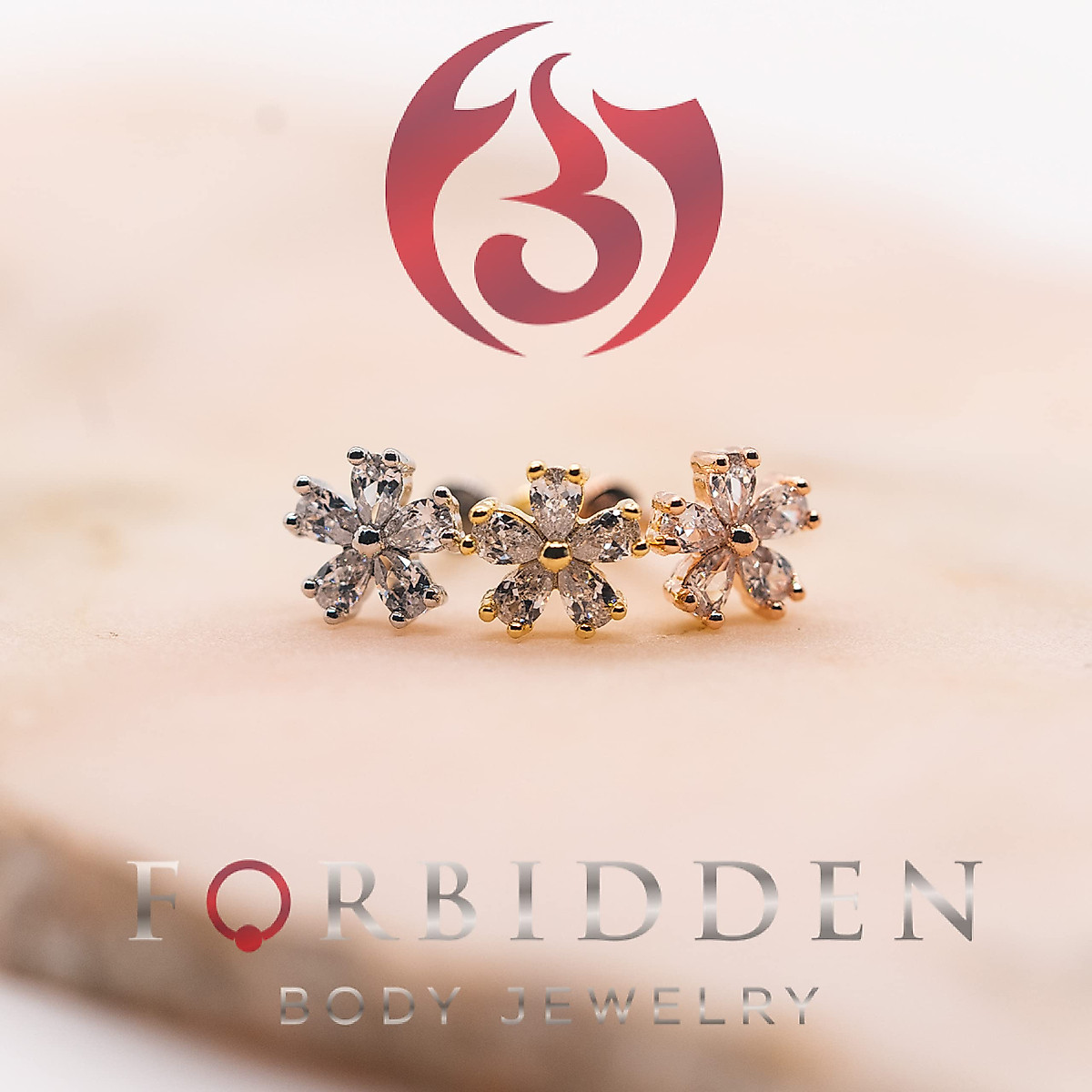 Forbidden Body Jewelry 16g 8mm Internally Threaded Cartilage, Tragus, Labret & Monroe Stud w/CZ Floral Top, 14k Gold Plated