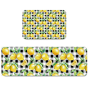 Kitchen Floor Mat Set of 2 Nature Fruit Comfort Cushioned Antifatigue Mats for Standing Waterproof Kitchen Rug Set for Home Office Lemon Black White Buffalo Check Plaid 15.7x23.6inch+15.7x47.2inch