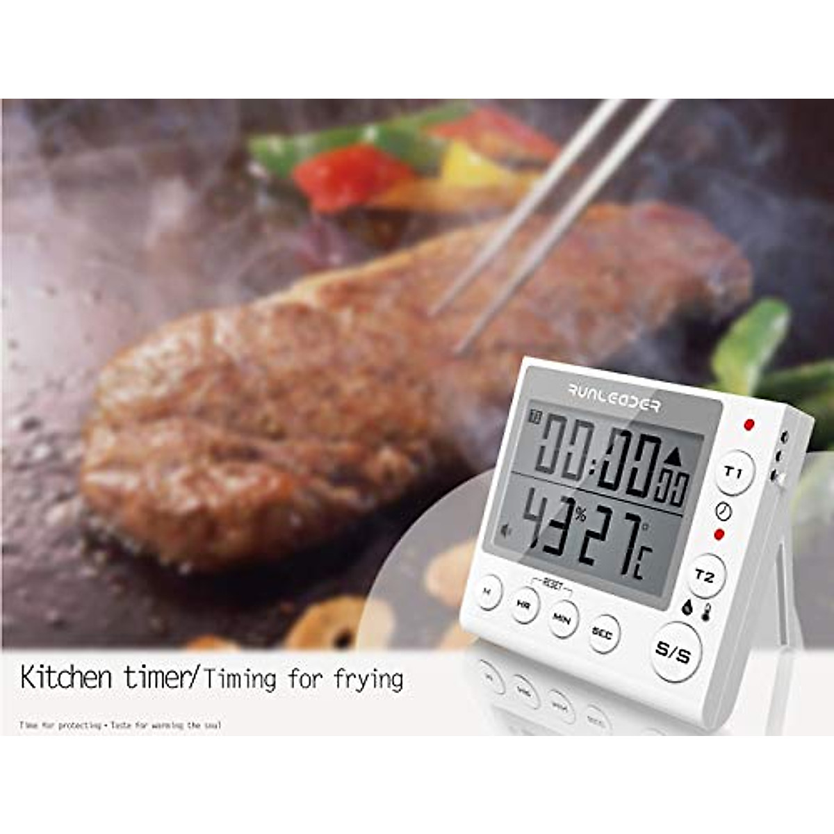 Jayron KT002A 2-Channel Kitchen Timer Magnetic Countdown Timer Clock Temperature and Humidity Meter Digital Minute/Second Timer Desk Clock for Elderly Kids（Blue）