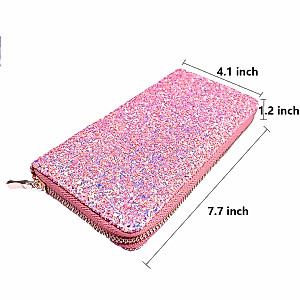 Laimi Duo Women Sparkle Pink Glitter Wallet RFID Blocking Purse Multi Card Organizer Evening Clutch for Teen Girls
