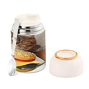 CUPADA Cat Lunch Funny Food Jar, Mouse Burger Insulated Hot Food Jars Vacuum 17OZ with Folding Spoon for Work Trip Picnic Camping