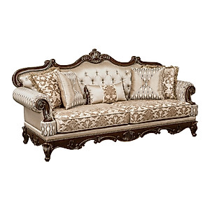 Lexicon Traditional Sofa Couch for Living Room, Rolled Arm Sofa with 5 Accent Pillows, Tufting, Queen Legs in Cherry Finish with Gold Tipping, Upholstered Living Room Furniture, 3 Seater Couch, Brown