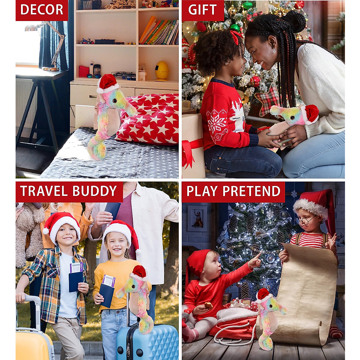 DolliBu Santa Rainbow Seahorse Stuffed Animal Plush Toy - Wild Animal Dress Up with Red Santa Claus Hat, Cute Wildlife Gift, Perfect Holiday with Name Personalization - 15 Inches