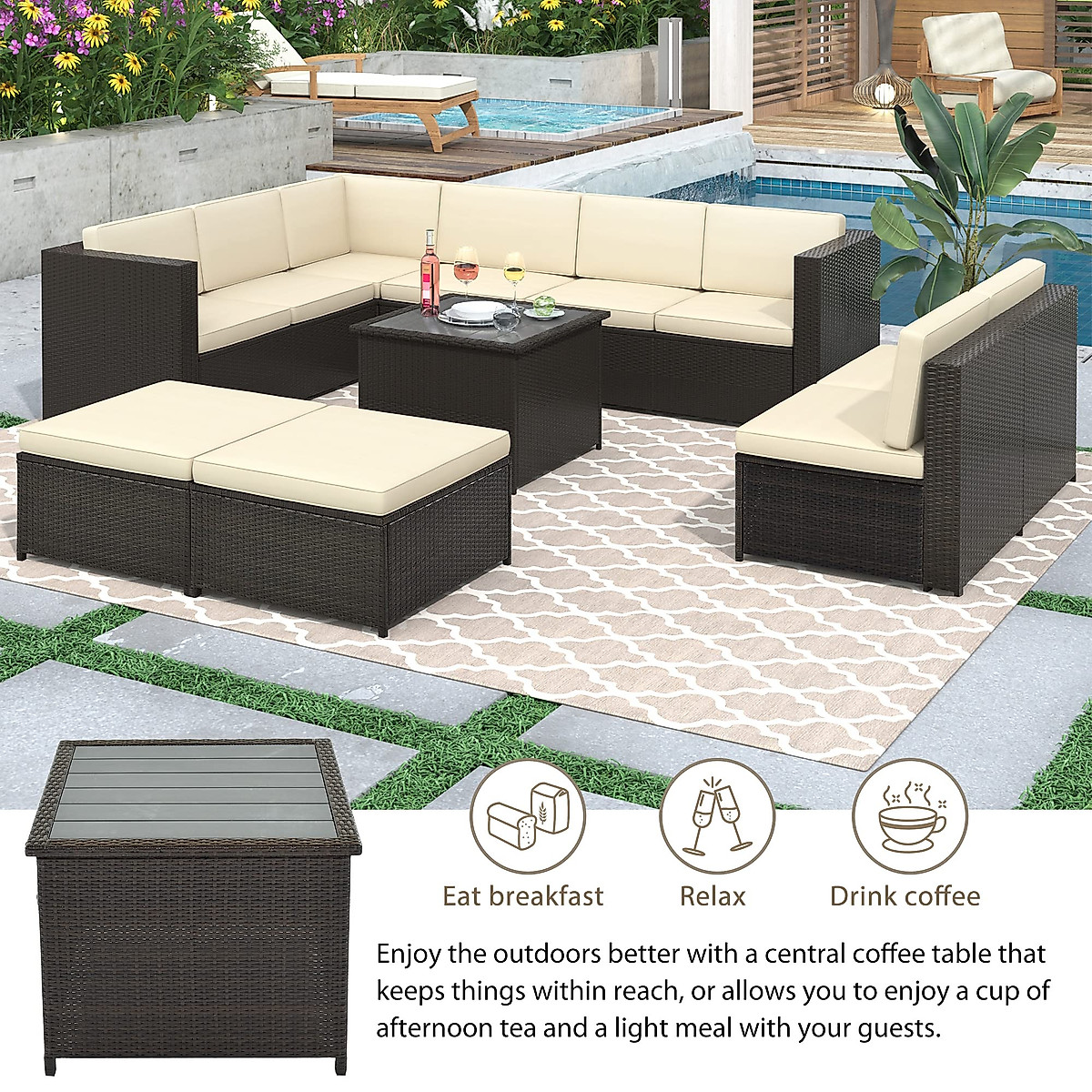 BIADNBZ 9 Piece Outdoor Sectional Sofa Patio Furniture Set, Woven PE Rattan Conversation Couch with Coffee Table, Ottoman and Cushions for Garden Backyard Poolside, Brown
