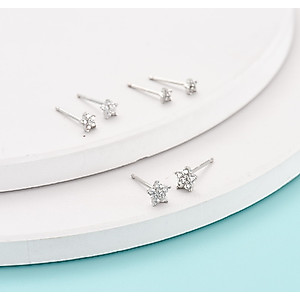 Sterling Silver Stud Earrings for Women Men, Flower Cubic Zirconia Stud Earrings Set | Small Cartilage CZ Hypoallergenic Tragus Piercing Earrings for Teens 3mm 4mm 5mm