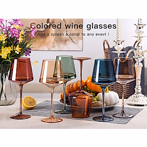 Colored Wine Glasses Set of 6-18oz Multi Colored Square Wine Glasses with Tall Long Stems and Flat Bottom,Crystal Colorful Wine Glasses-Unique Gifts for Wine Lovers,Wedding,Engagement Gifts