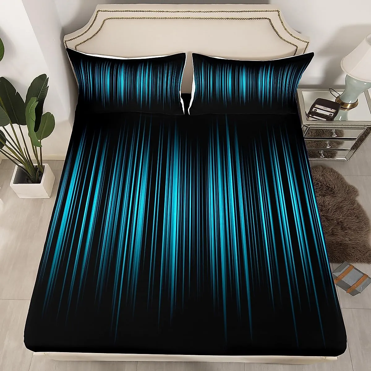 Feelyou Abstract Ombre Sheets with Deep Pocket Fitted Sheet Twin Size, Blue and Black Bed Sheets Set for Kids Toddler Blue and Black Striped Sheet Set Modern Abstract Geometric Bedding Set 3Pcs