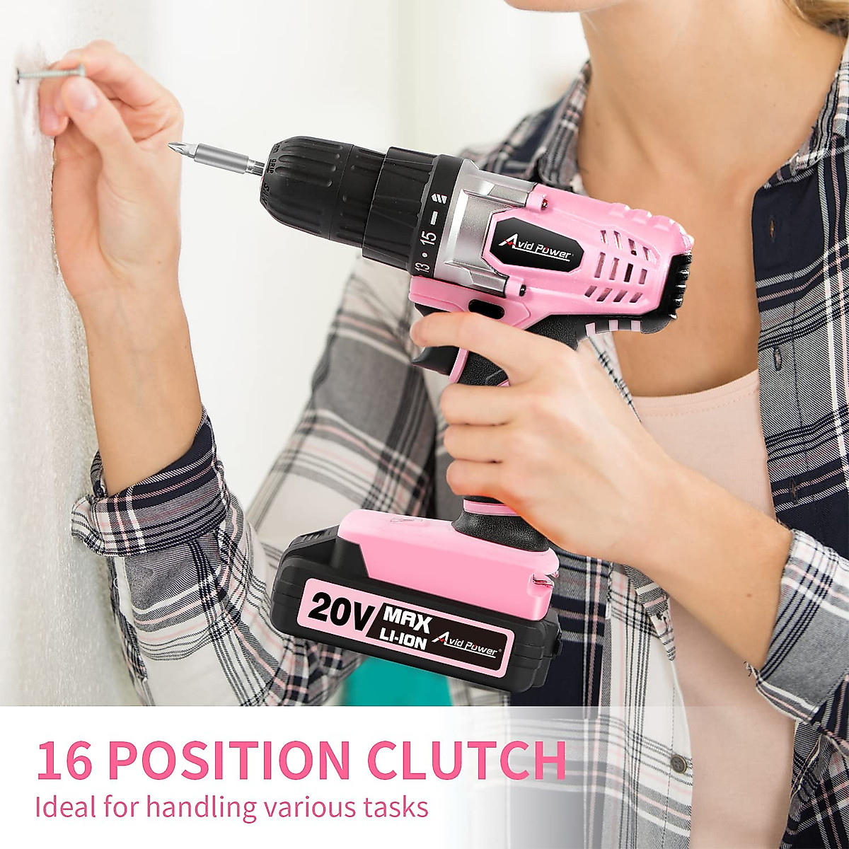 AVID POWER 20V MAX Lithium lon Cordless Drill Set, Power Drill Kit with Battery and Charger, 3/8-Inch Keyless Chuck, Variable Speed, 16 Position and 22pcs Drill Bits (Pink)
