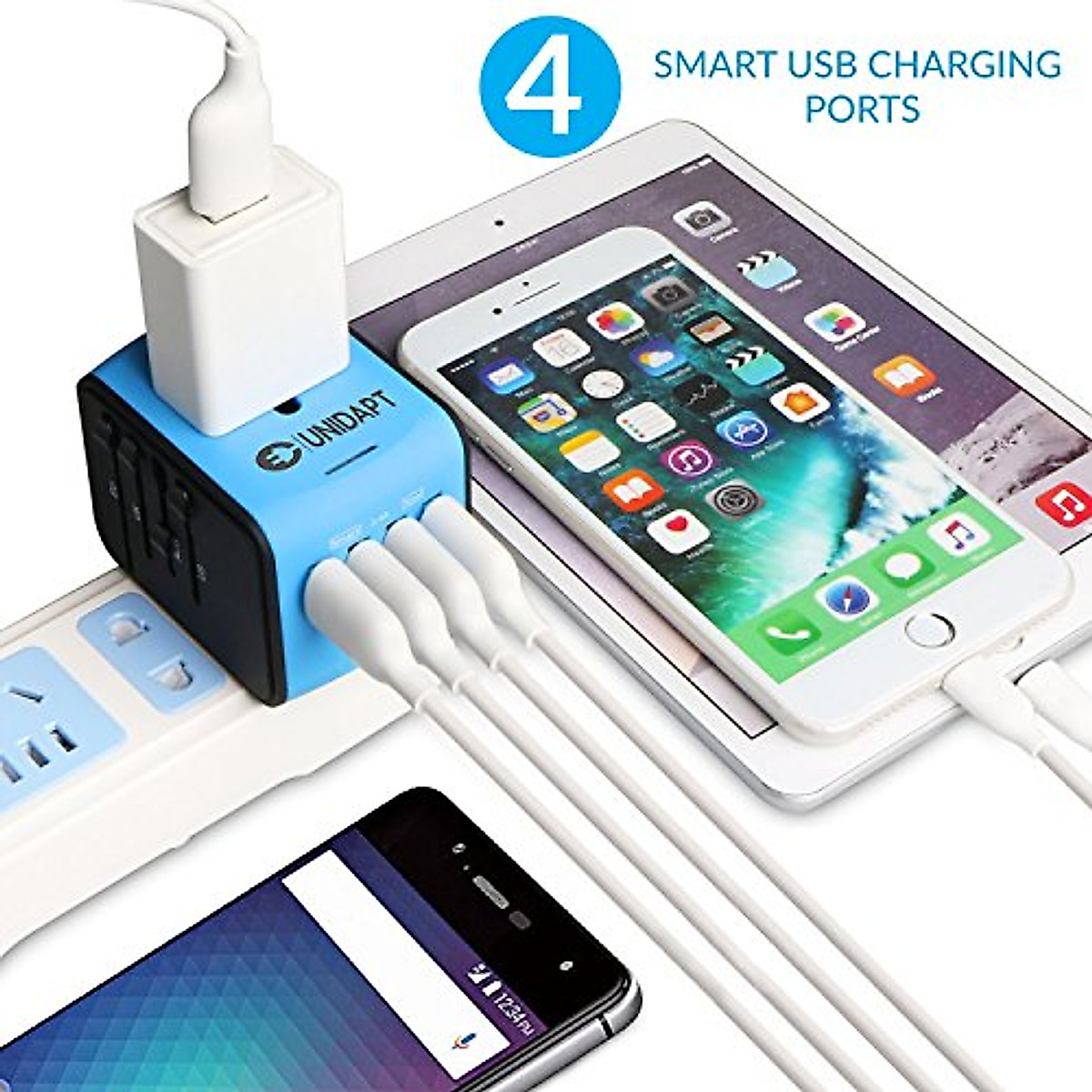 Unidapt Universal Travel Adapter, International Plug Adapter Fast 2,4A 4-USB European Power Plug, AC Wall Charger – Worldwide Outlet for Europe US USA UK EU AUS, Blue