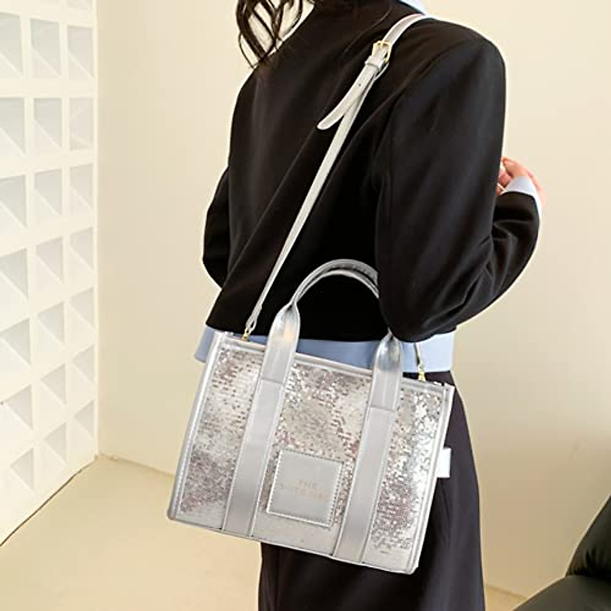 JQWSVE The Tote Bag for Women - Sequins Leather Tote Purse Designer Handbag Luxury Shoulder Crossbody Bag for Office Travel