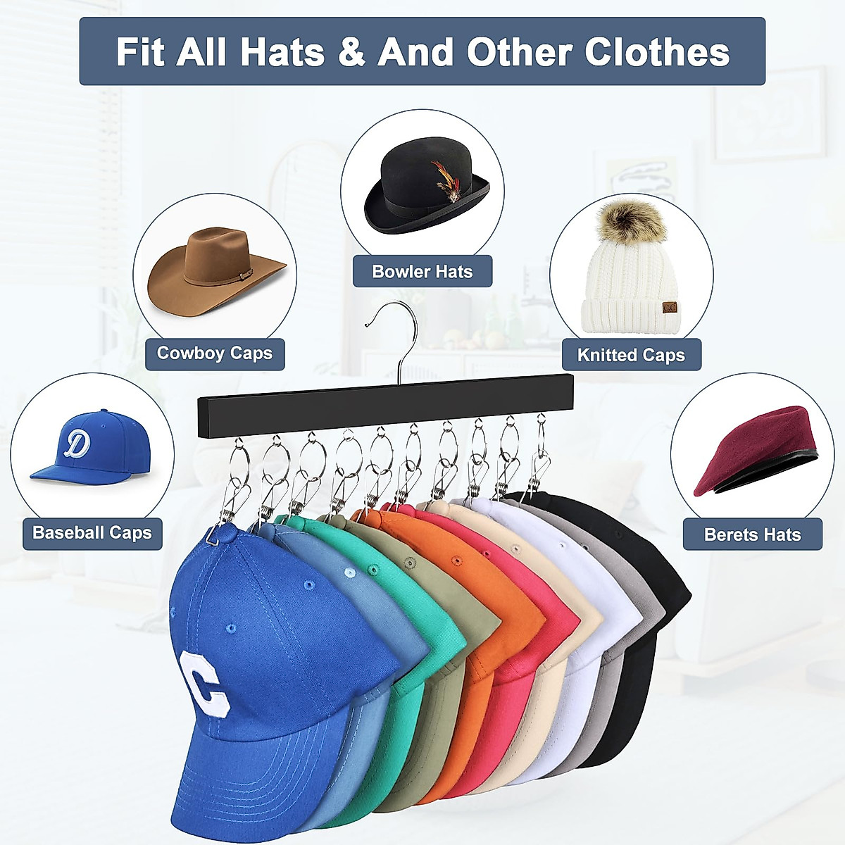 RESOVO 2 Pack Hat Organizer for Baseball Caps, Hat Hanger Space Saving with 10 Clips Ball Caps Rack Holder for Closet - Closet Organizer and Storage Solution Fits All Caps for Men Women -Black