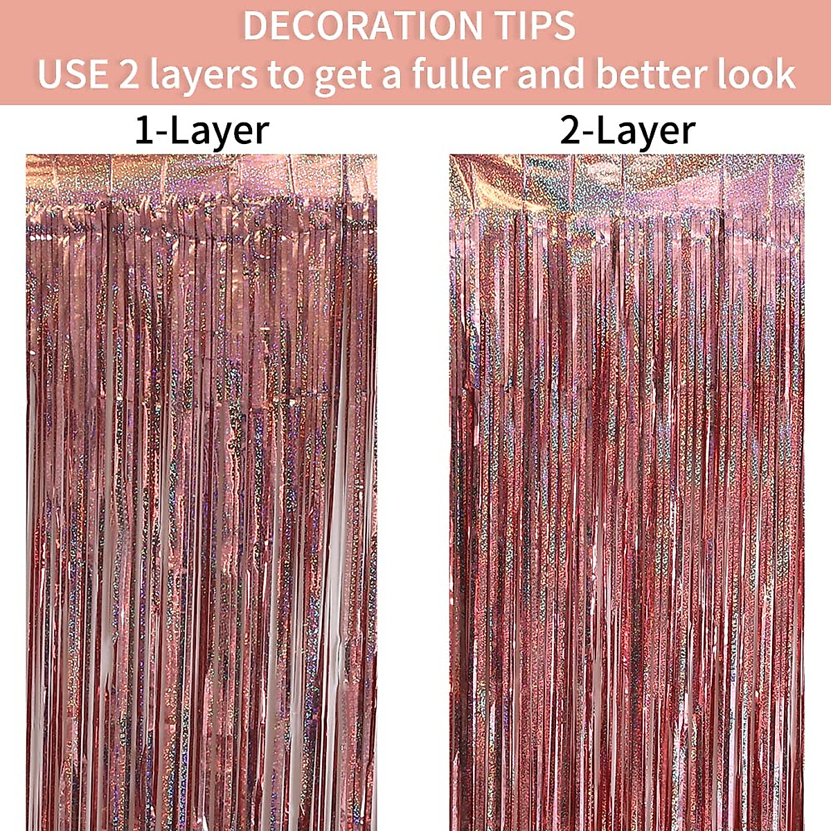 Vanujoy 2 Pack Iridescent Rose Gold Tinsel Foil Fringe Backdrop Curtains - Wall Door Party Decorations for Birthday Bachelorette Engagement Bridal Shower