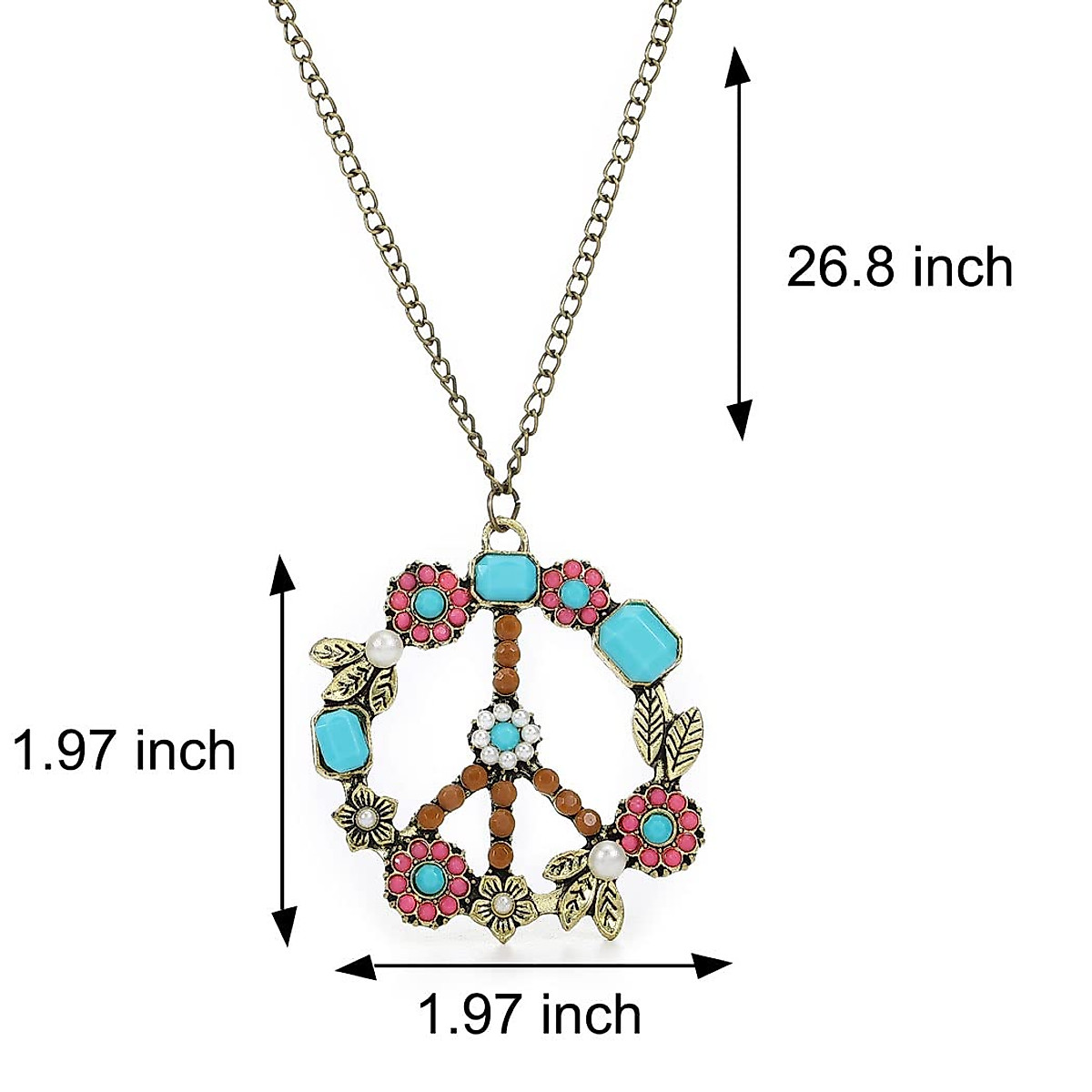 Zehope Peace Sign Necklace Vintage Hippie Pendant Necklaces Chain 60s 70s Long Turquoise Necklace Accessories for Women