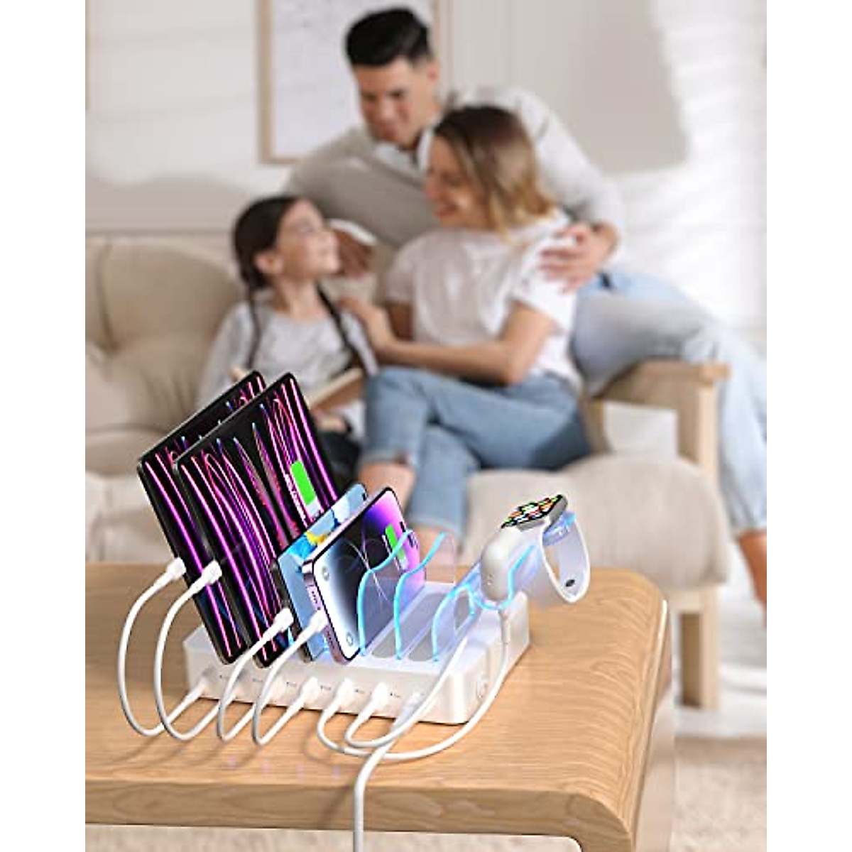 SooPii Premium 6-Port USB Charging Station Organizer for Multiple Devices, 6 Short Charging Cables and One Upgraded i-Watch Charger Holder Included, for Phones, Tablets, and Other Electronics, White