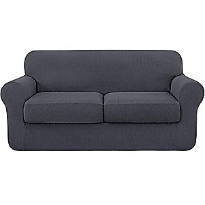 SUBRTEX 3 Piece Sofa Cover High Stretch Couch Slipcover for 2 Cushion Soft Sofa Slipcover Loveseat Cover Jacquard Fabric Furniture Covers with Elastic Bottom Machine Washable(Gray,Loveseat)