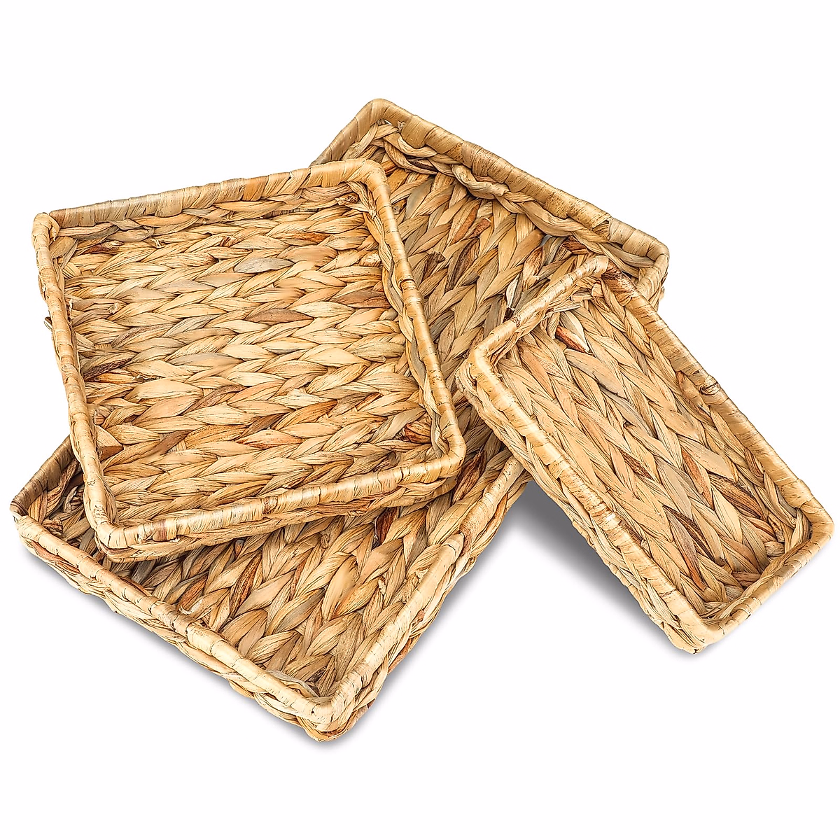 Yoande 3 Pieces Woven Seagrass Tray Rectangular Rustic Wicker Serving Baskets Water Hyacinth Decorative Storage Trays for Tea, Vegetable, Arts and Crafts Organizing Bathroom Tabletop Kitchen Counter