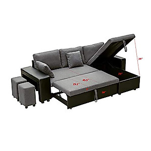 Runboll Sectional Sofa with Pull-Out L-Shape Bed Reversible Chaise Sofa with Storage Seat Sleeper Couch with 2 Stools