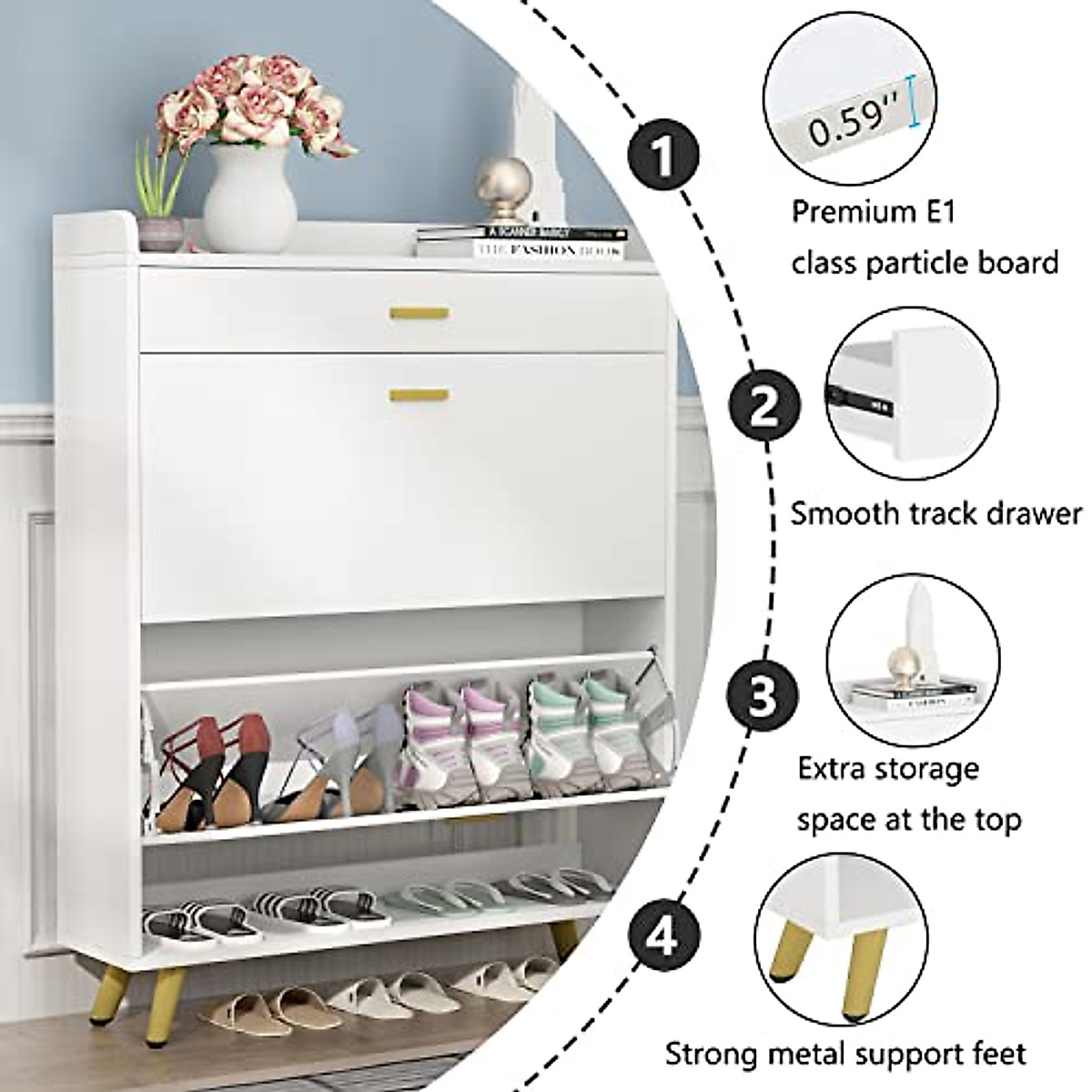 PAKASEPT Narrow Shoe Storage Cabinet,18-24 Pair Free Standing Tipping Bucket Shoe Rack Organizer with Drawers for Entryway,Bedroom,Hallway,White