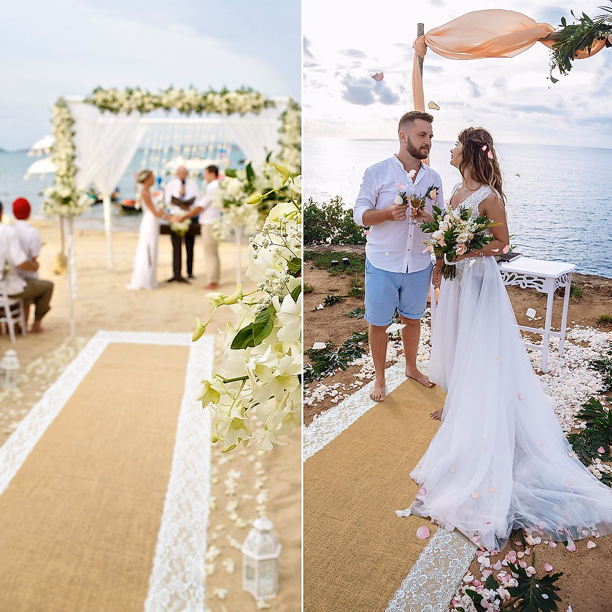 Preboun Wide Natural Burlap Wedding Aisle Runner with Lace Jute Rustic Burlap Aisle Runner for Wedding Ceremony Decorations Outdoor Beach (36 Inch x 20 ft)