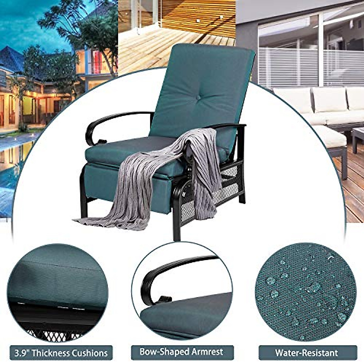 Crownland Outdoor Furniture Automatic Adjustable Patio Recliner Chair with Metal Frame and Water Resistant Cushion for Sunbathing (Peacock Blue)