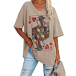 Womens Oversized Queen Of Hearts Graphic T Shirts Casual V Neck Half Sleeve Summer Loose Tees Tunic Tops Khaki