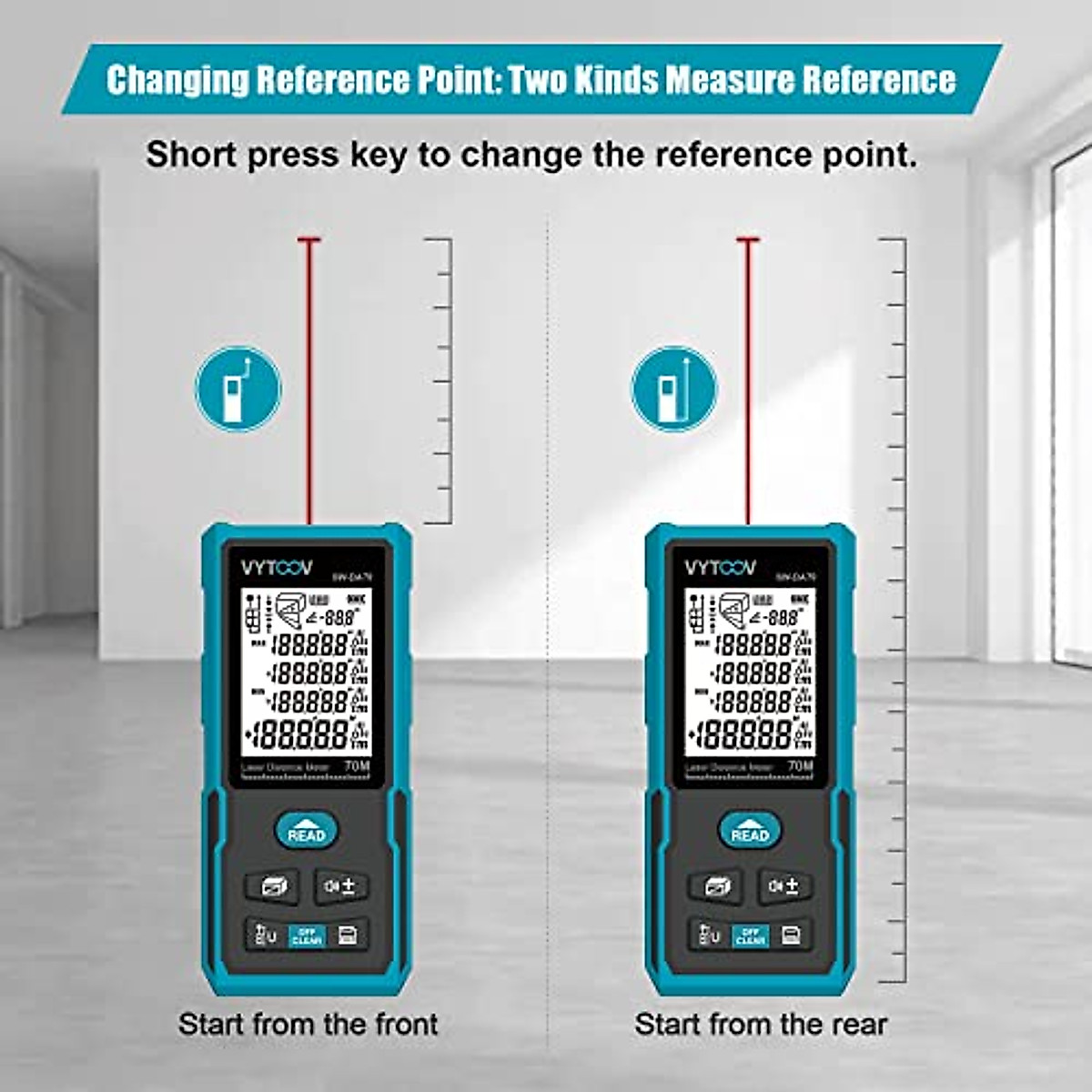 Laser Measurement Tool 229Ft 70M IP54 M/in/Ft/Ft+in Digital Angle Sensor Measure Backlight LCD Laser Distance Meters with Pythagorean Mode Laser Measure Distance Area and Volume - Rechargeable