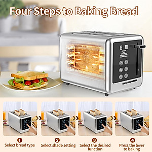 Smart Toaster Digital Tuch Screen Toaster with 5 Bread Selection 7 Shade Setting and Bagel/Defrost/Cancel/Reheat Function 1.5” 2 Slice Stainless Steel Toaster with Removable Crumb Tray