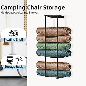 Camping Chair Wall Storage for Garage, Metal Camping Chair Storage Rack Wall Holder, Double Layer Wall Mount, Stainless Steel, Beach Chair Rack, Umbrella Holder, Organizer, Black