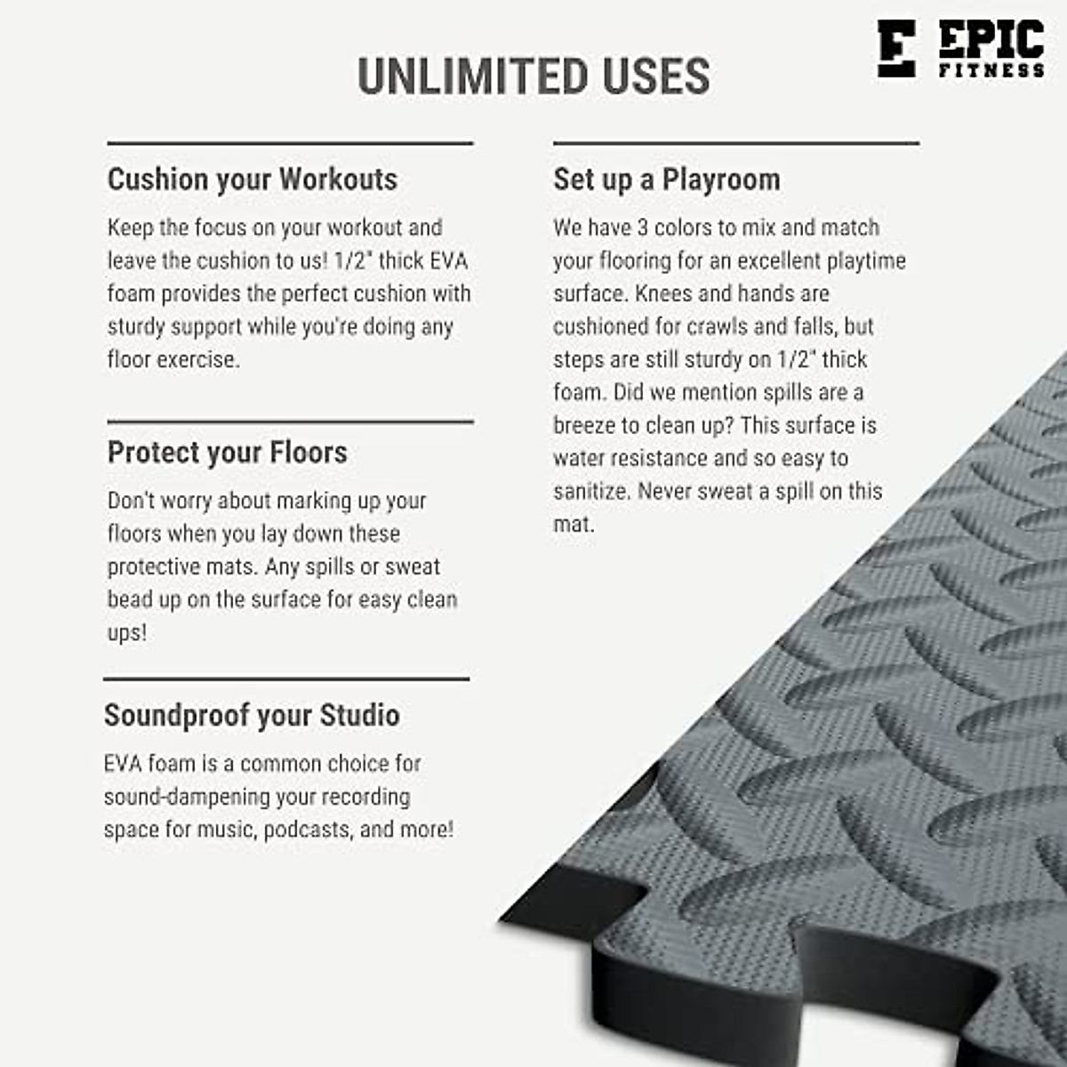Epic Fitness Foam Gym Floor Tiles - Interlocking Floor Mats for Home Gym - Non-Slip Noise-Dampening Eva Foam Squares (6 Pack)