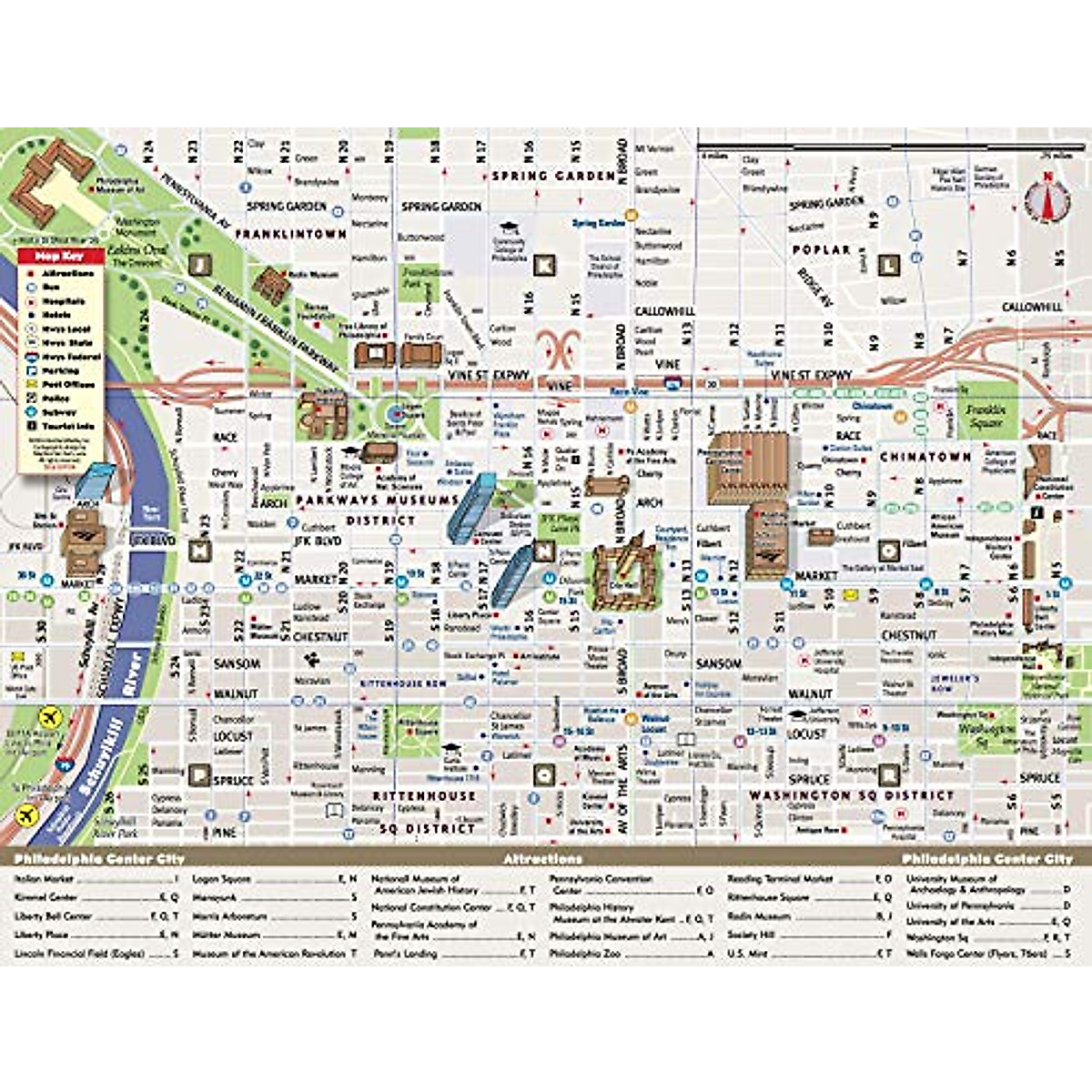 Philadelphia Pop-Up Map by VanDam — Laminated pocket size pop-up map of Central Philadelphia with all attractions, museums, sights, hotels & SEPTA Transit Map