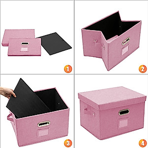 JSungo File Box with 5 Hanging Filing Folders, Document Organizer Storage for Office, Collapsible Linen Storage Box with Lids, Home Portable Storage with Handle, Letter Size Legal Folder, Pink