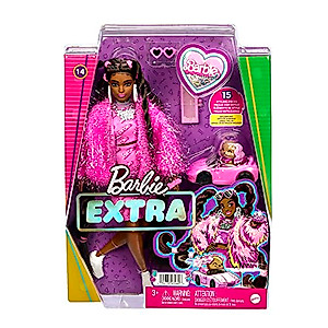 Barbie Extra Doll & Accessories with Long Brunette Styled Hair in Pink 2-Piece Outfit with Sparkly Jacket & Pet Puppy