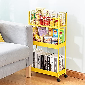 KINGRACK Slim Storage Cart,3-Tier Metal Utility Rolling Cart with Lockable Wheels, Storage Craft Art Cart Trolley Organizer Serving Cart for Bathroom, Living Room, Kids' Room, Classroom,Yellow