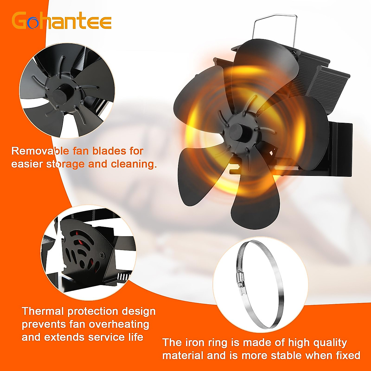 gohantee 5 Blades Stove Fan Heat Powered Fireplace Fan Hanging on Chimney Pipe for Wood Log Burner Fireplace Slient Efficiently Heat Distribution Eco-Friendly with Thermometer