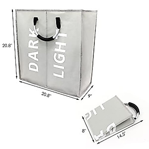 Hampers for Laundry 2 Compartment, Narrow Laundry Basket with Handle, Hampers for Clothes,Baby Laundry Separator Hamper,Foldable Hamper with Divider Hamper for Dorm Room, Grey