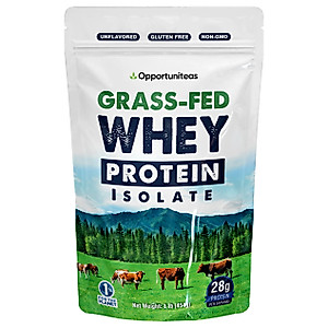 Opportuniteas Grass Fed Whey Isolate Protein Powder - Unflavored 28g Protein Powder without Artificial Sweeteners, Hormone-Free Cows, Non GMO - 1lb