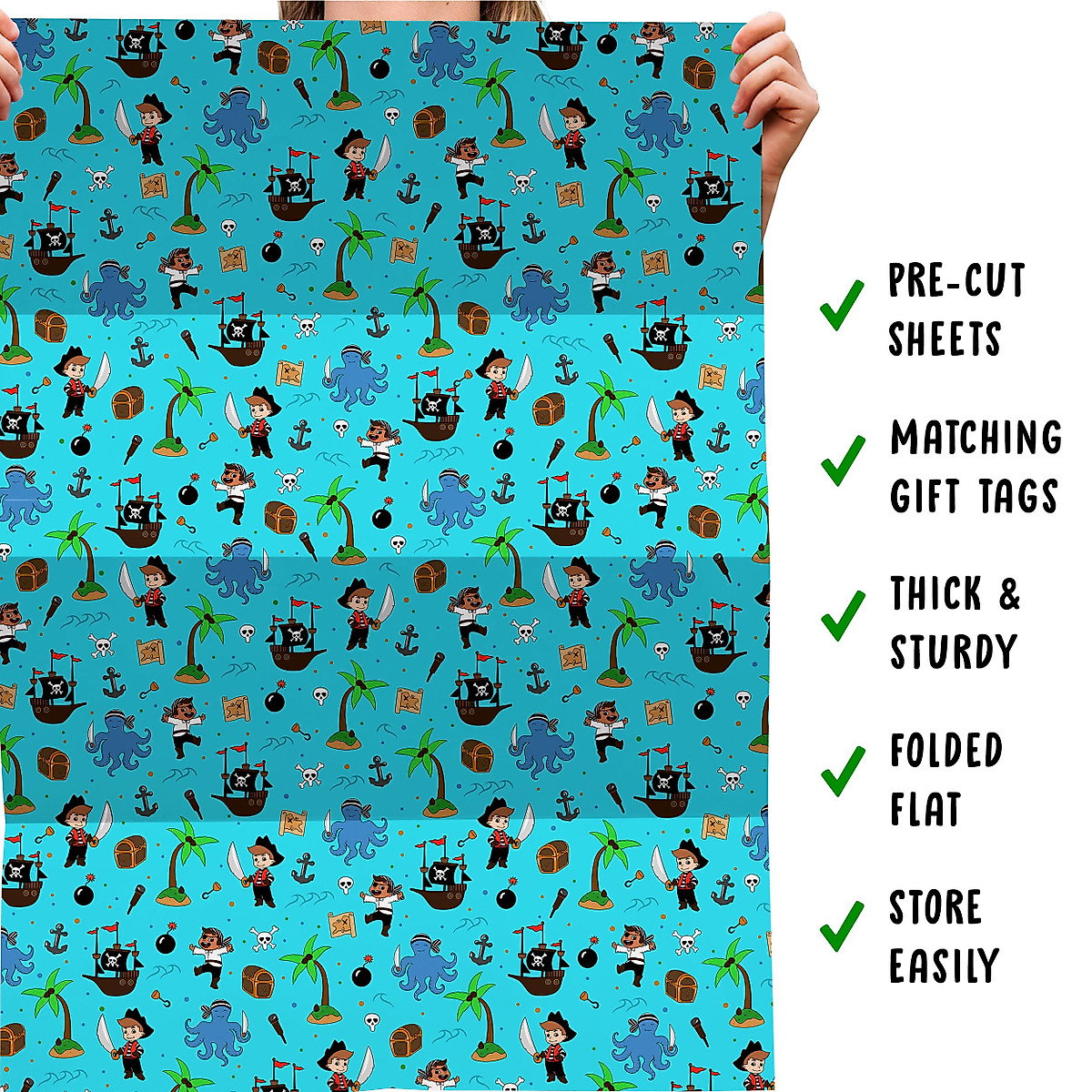 CENTRAL 23 - Pirate Gift Wrap - 6 Sheets of Cool Wrapping Paper for Kids - Pirates Treasure Ship Island - For Boys Girls - Son Nephew Grandson - Blue - Recyclable