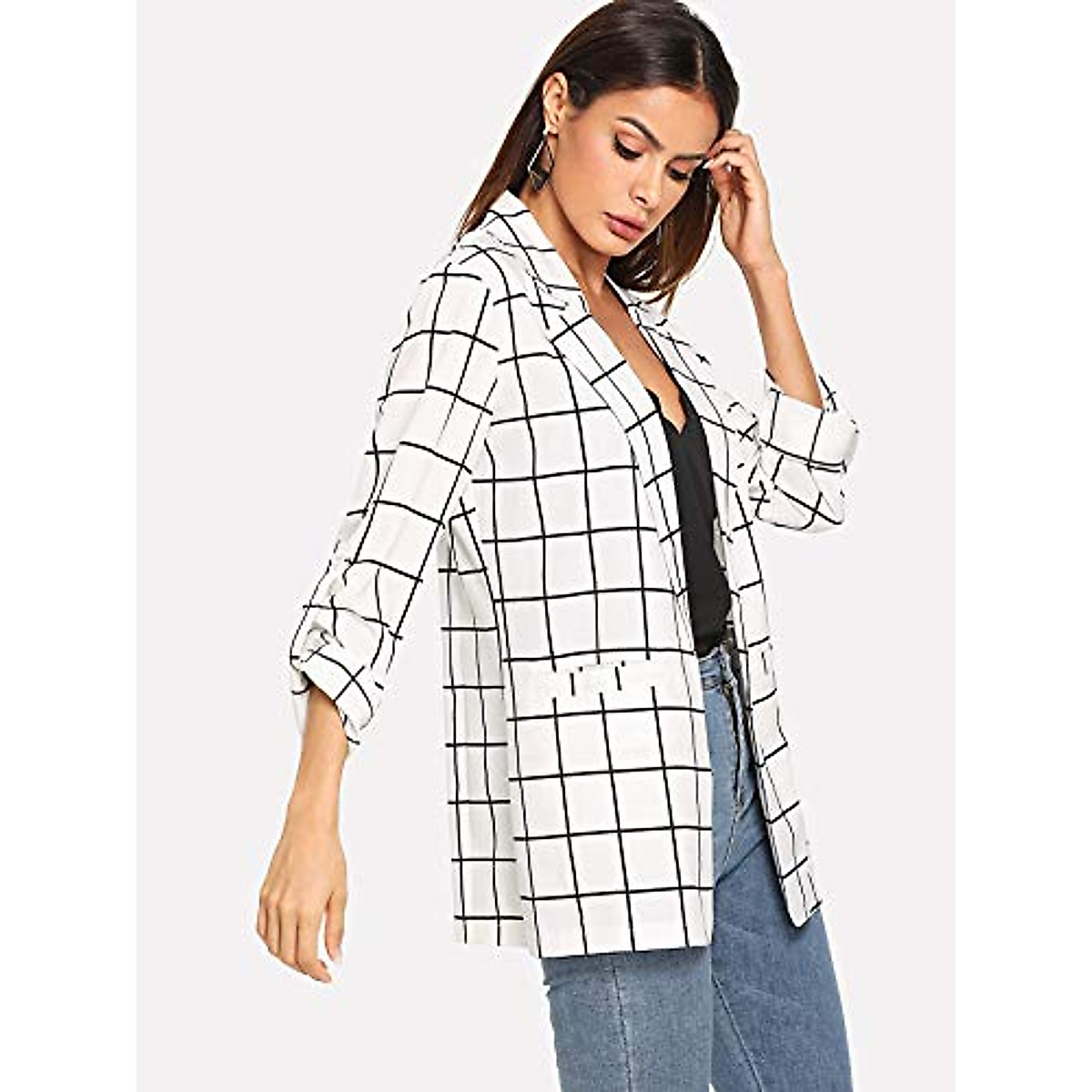 Milumia Women's Open Front Blazer Casual Lightweight Plaid Roll Up Sleeve Jacket White Large
