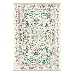 Morebes 5x7 Rug for Living Room Non Slip, Washable Light Pink Rugs for Bedroom Girls, Soft Low-Pile Boho Nursery Rug Indoor Floral Print Throw Carpet for Bedside,Pink&Green/Multi