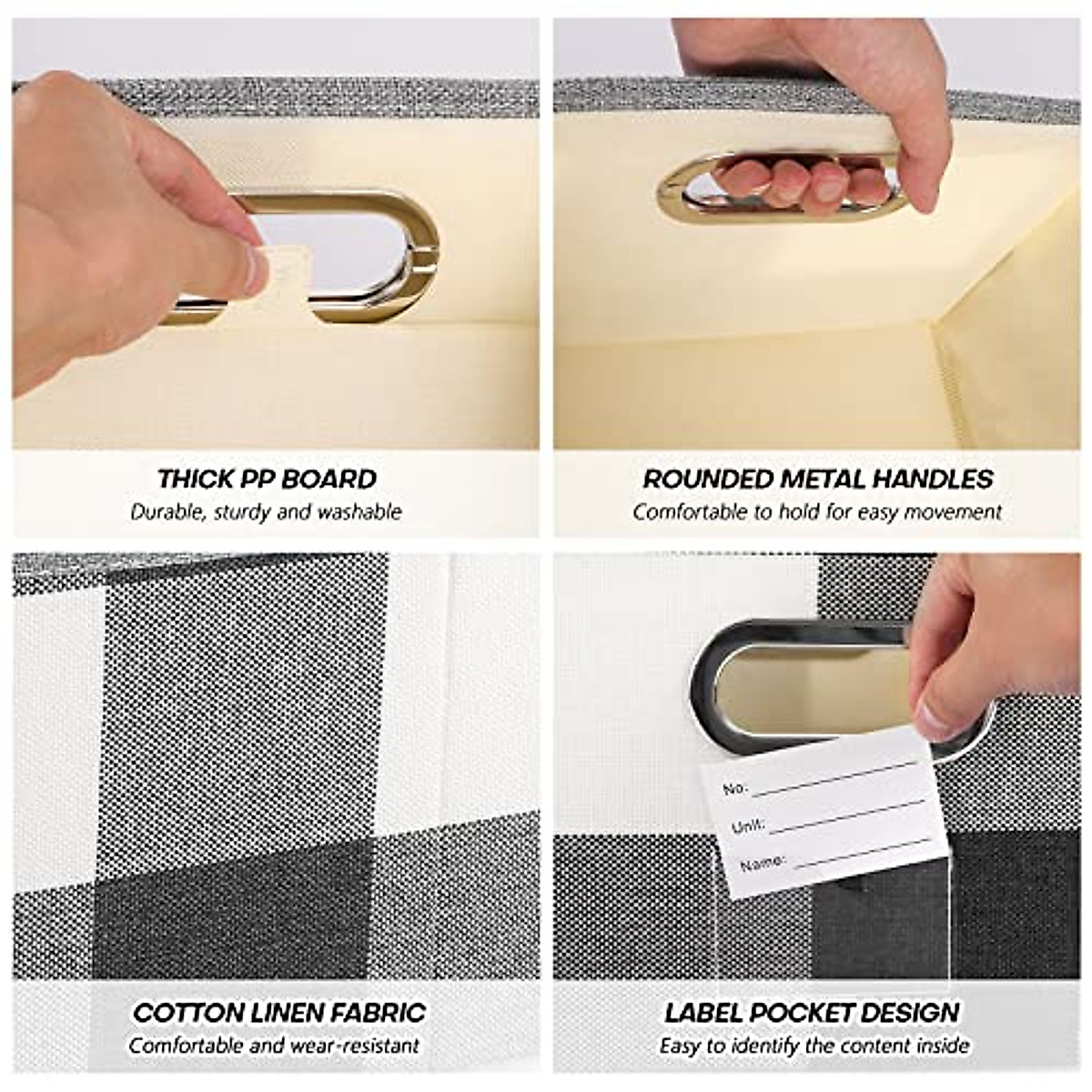 LaMorée Storage Bin Cotton Linen Fabric Basket Box Washable Foldable Decorative Rectangular Container with Handles Label Window Thick PP Plastic Board For Nursery Home Office - Black Plaid, Large Size