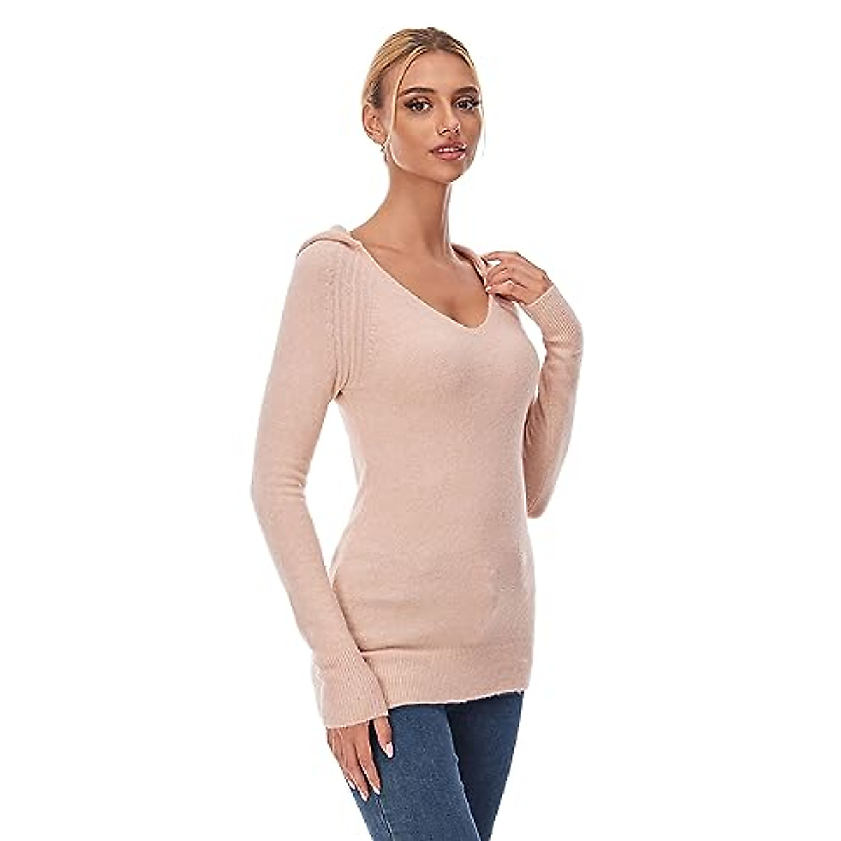 AmélieBoutik Women Hooded V Neck Raglan Long Sleeve Sweater Knit Top (Pink X-Large)