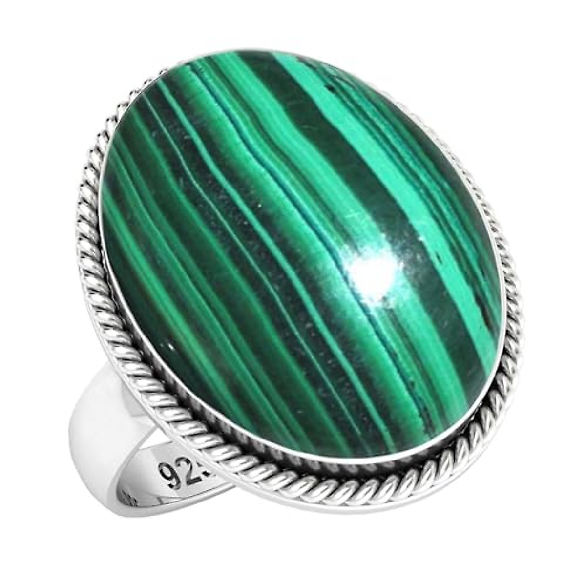 JEWELOPORIUM 925 Sterling Silver Ring for Women Size 7 Green Genuine Malachite Stone Solitaire Silver Ring New Year Gift Costume Jewelry