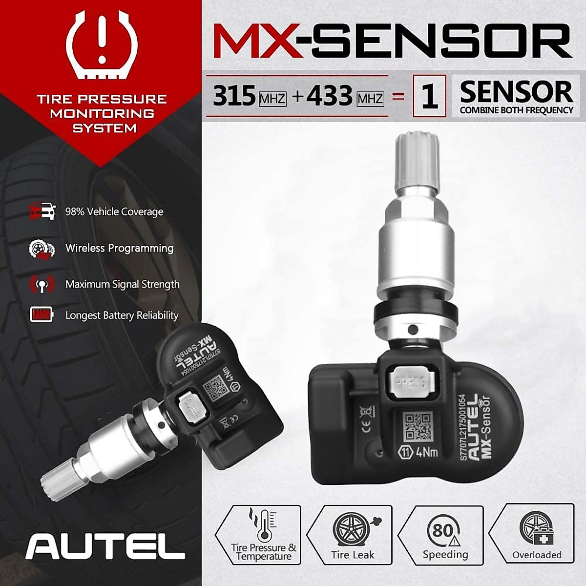 Autel TPMS Sensors 2in1 MX-Sensor 315MHz + 433MHz Press-in Tire Pressure Monitor System Sensor OE-Level TPMS Sensor Programmable by Autel TPMS Tool with TS408 TS508WF TS601, (Metal Stem Set of 16)