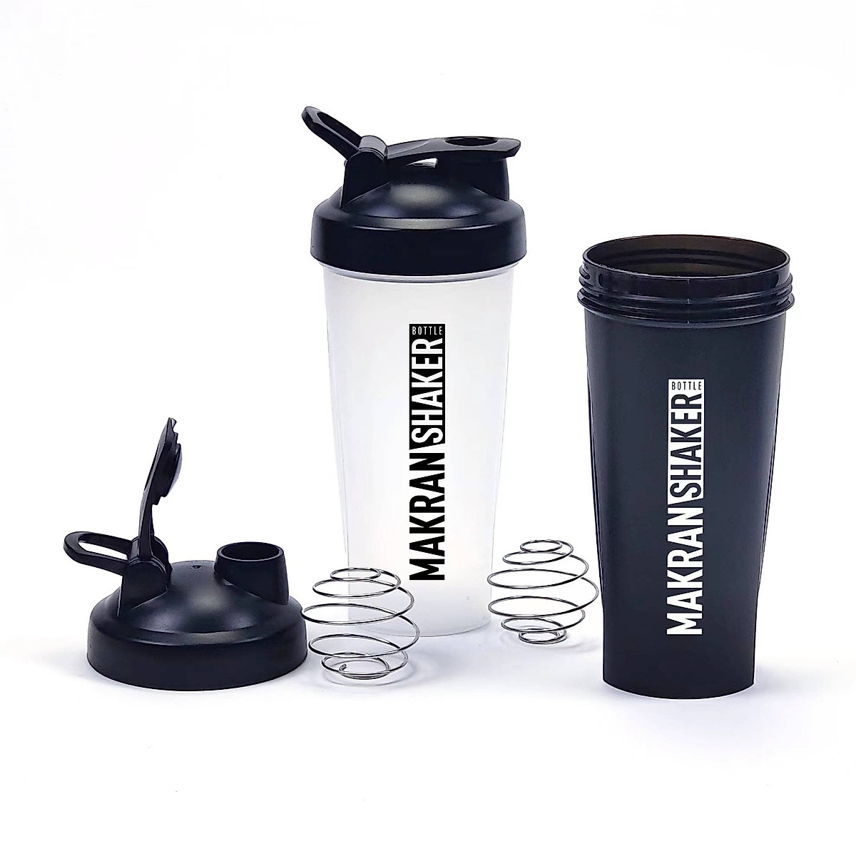 Makran Shaker Bottle (2 Packs) 20 oz - Shaker Bottle for Pre & Post Workout Drinks - Protein Mixer Shaker Bottel with Metal Ball for Gym - Black & Clear White - BPA Free Gym Shaker Bottles