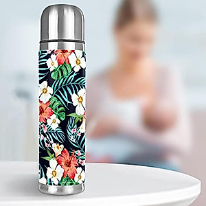 Stainless Steel Leather Vacuum Insulated Mug Tropical Plants Thermos Water Bottle for Hot and Cold Drinks Kids Adults 16 Oz