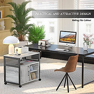 Unikito L Shaped Desk with USB Charging Port and Power Outlet and Office Lateral File Cabinet White Oak