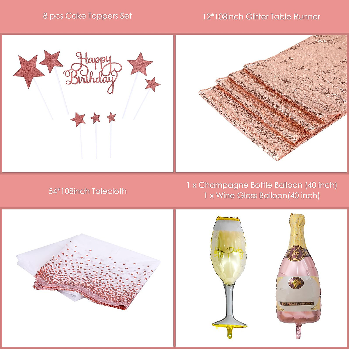 RUBFAC 248pcs Rose Gold Birthday Party Decorations Kit for Women Girls, Happy Birthday Banners, Balloons, Tablecloth, Table Runner, Sash, Tiara, Plates, Cups, Napkins Straws Party Supplies