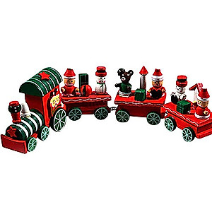 Toxz 4 Pieces Wood Christmas Xmas Train Decoration Decor Gift,Train Model with 1 Engine and 3 Carriages,Length:24.5CM