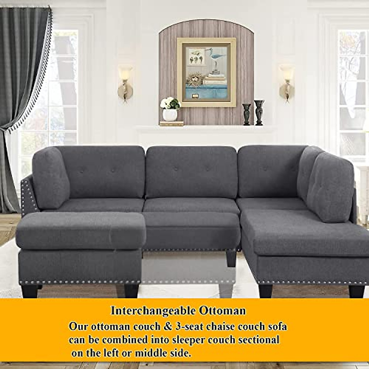 Flesser Small Sectional Sofa with Chaise Lounge Sofa and Convertible Ottoman L Shape Living Room Small Couches 3 Seat Sofa Couch for Home Office, Right Facing Couch in Dark Grey